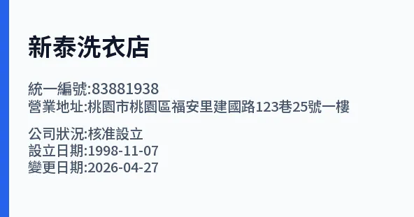 新泰洗衣店的照片-統編 83881938(桃園市) 公司登記資料與營業項目詳細圖表