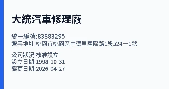 大統汽車修理廠的照片-統編 83883295(桃園市) 公司登記資料與營業項目詳細圖表
