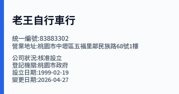 老王自行車行的照片-統編 83883302(桃園市) 公司登記資料與營業項目詳細圖表