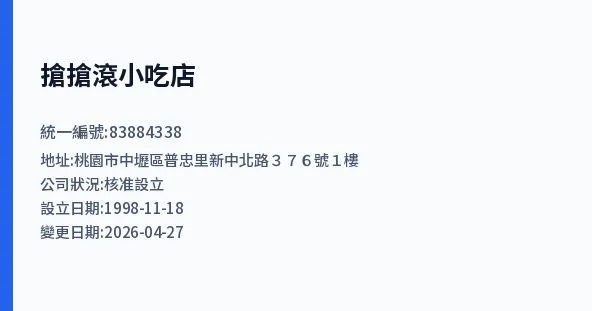 搶搶滾小吃店的照片-統編 83884338(桃園市) 公司登記資料與營業項目詳細圖表