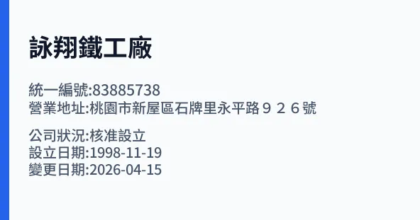 詠翔鐵工廠的照片-統編 83885738(桃園市) 公司登記資料與營業項目詳細圖表