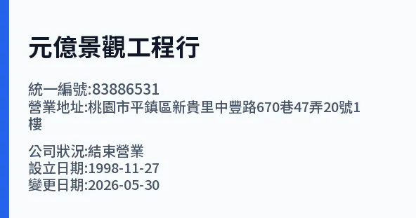 元億景觀工程行的照片-統編 83886531(桃園市) 公司登記資料與營業項目詳細圖表