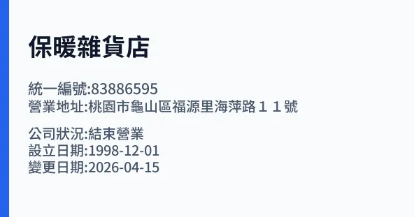 保暖雜貨店的照片-統編 83886595(桃園市) 公司登記資料與營業項目詳細圖表