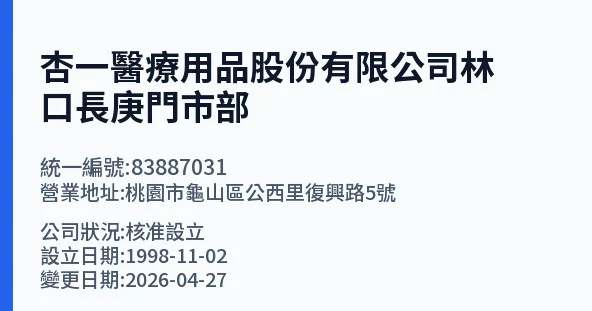 杏一醫療用品股份有限公司林口長庚門市部的照片-統編 83887031(桃園市) 公司登記資料與營業項目詳細圖表