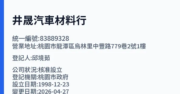 井晟汽車材料行的照片-統編 83889328(桃園市) 公司登記資料與營業項目詳細圖表