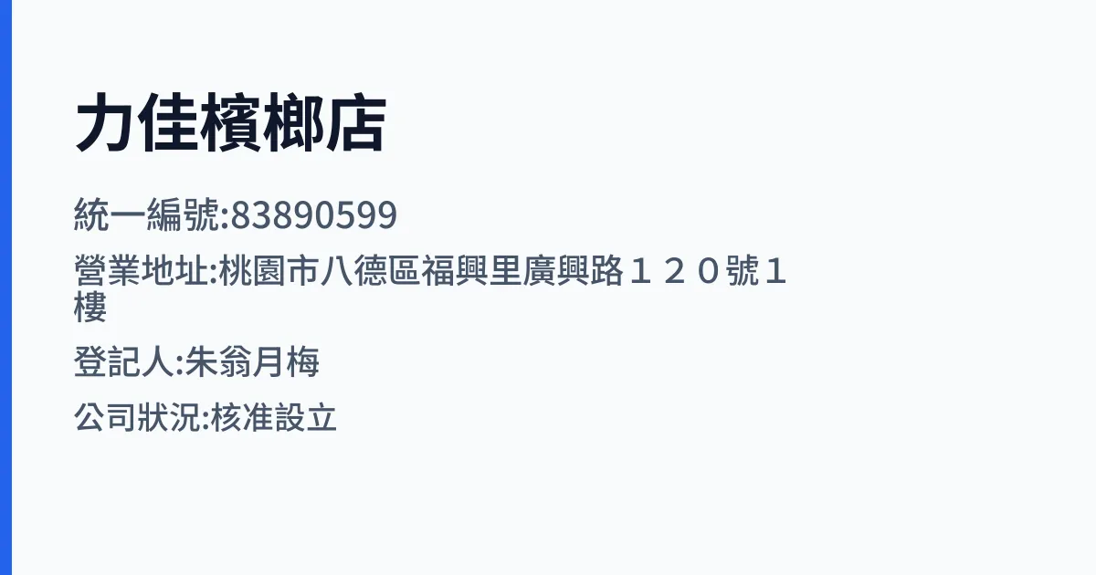 力佳檳榔店 - 統編 83890599(桃園市) 公司登記資料與營業項目詳細圖表