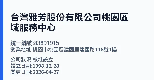 台灣雅芳股份有限公司桃園區域服務中心的照片-統編 83891915(桃園市) 公司登記資料與營業項目詳細圖表