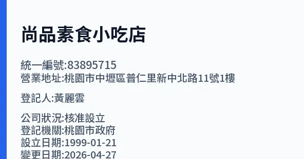 尚品素食小吃店的照片-統編 83895715(桃園市) 公司登記資料與營業項目詳細圖表