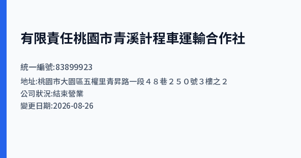有限責任桃園市青溪計程車運輸合作社的照片-統編 83899923(桃園市) 公司登記資料與營業項目詳細圖表