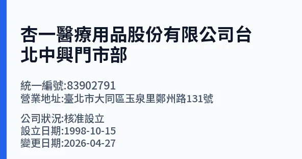 杏一醫療用品股份有限公司台北中興門市部的照片-統編 83902791(臺北市) 公司登記資料與營業項目詳細圖表