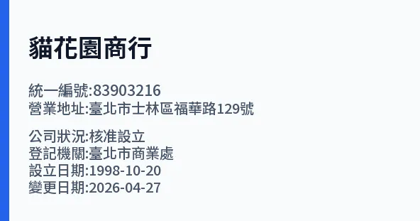貓花園商行的照片-統編 83903216(臺北市) 公司登記資料與營業項目詳細圖表