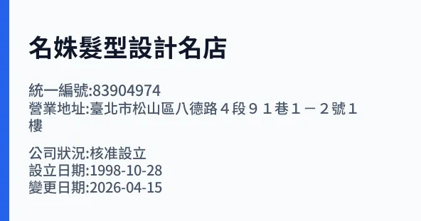 名姝髮型設計名店的照片-統編 83904974(臺北市) 公司登記資料與營業項目詳細圖表