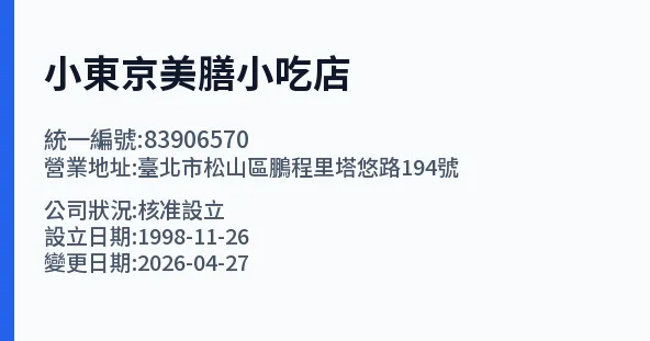 小東京美膳小吃店的照片-統編 83906570(臺北市) 公司登記資料與營業項目詳細圖表