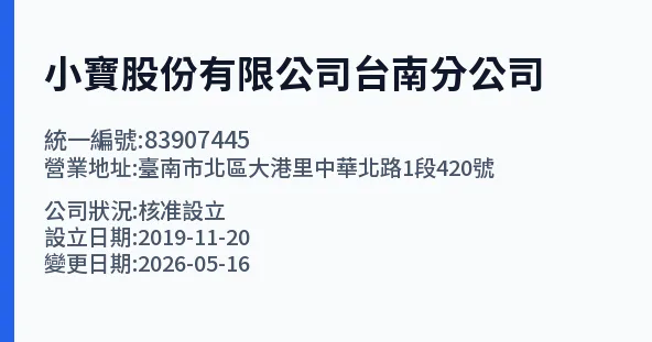 小寶股份有限公司台南分公司的照片-統編 83907445(臺南市) 公司登記資料與營業項目詳細圖表