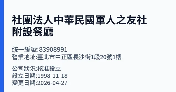 社團法人中華民國軍人之友社附設餐廳的照片-統編 83908991(臺北市) 公司登記資料與營業項目詳細圖表