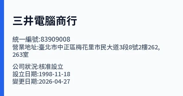 三井電腦商行的照片-統編 83909008(臺北市) 公司登記資料與營業項目詳細圖表