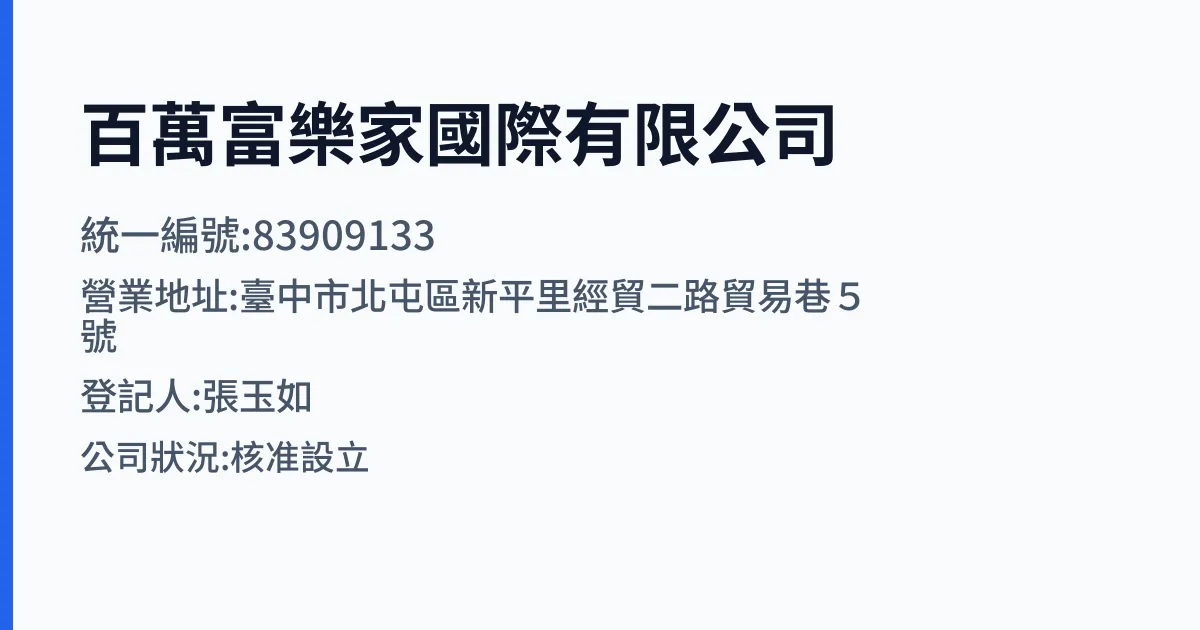 百萬富樂家國際有限公司 - 統編 83909133(臺中市) 公司登記資料與營業項目詳細圖表