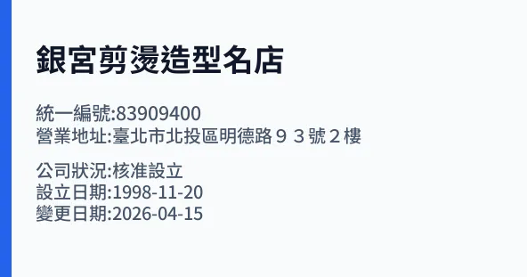 銀宮剪燙造型名店的照片-統編 83909400(臺北市) 公司登記資料與營業項目詳細圖表