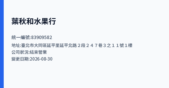 葉秋和水果行的照片-統編 83909582(臺北市) 公司登記資料與營業項目詳細圖表