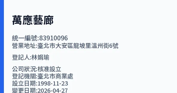 萬應藝廊的照片-統編 83910096(臺北市) 公司登記資料與營業項目詳細圖表