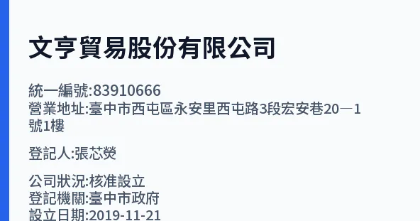 文亨貿易股份有限公司的照片-統編 83910666(臺中市) 公司登記資料與營業項目詳細圖表