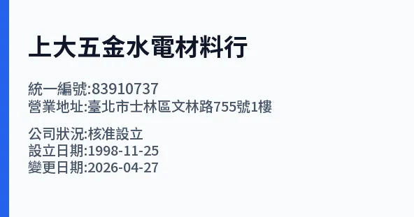 上大五金水電材料行的照片-統編 83910737(臺北市) 公司登記資料與營業項目詳細圖表