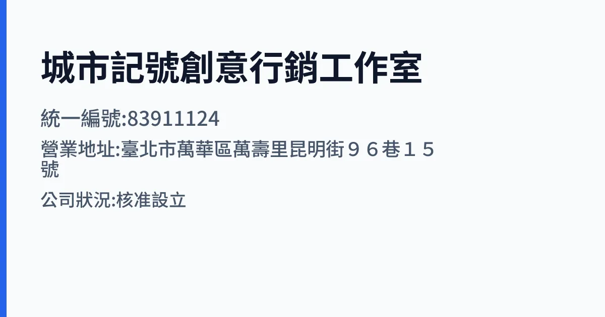 城市記號創意行銷工作室 - 統編 83911124(臺北市) 公司登記資料與營業項目詳細圖表