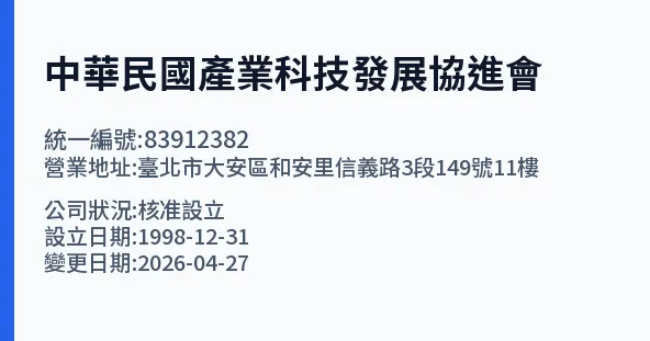 中華民國產業科技發展協進會的照片-統編 83912382(臺北市) 公司登記資料與營業項目詳細圖表