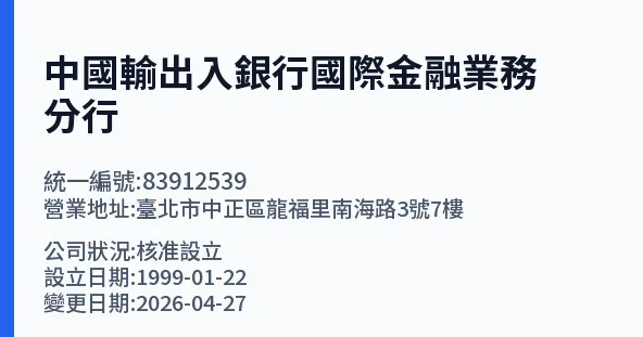 中國輸出入銀行國際金融業務分行的照片-統編 83912539(臺北市) 公司登記資料與營業項目詳細圖表