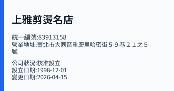 上雅剪燙名店的照片-統編 83913158(臺北市) 公司登記資料與營業項目詳細圖表