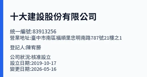 十大建設股份有限公司的照片-統編 83913256(臺中市) 公司登記資料與營業項目詳細圖表