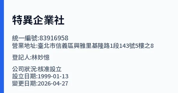 特異企業社的照片-統編 83916958(臺北市) 公司登記資料與營業項目詳細圖表