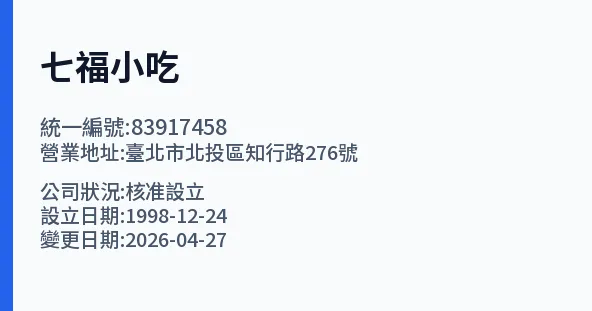 七福小吃的照片-統編 83917458(臺北市) 公司登記資料與營業項目詳細圖表