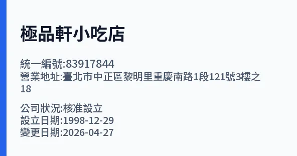 極品軒小吃店的照片-統編 83917844(臺北市) 公司登記資料與營業項目詳細圖表