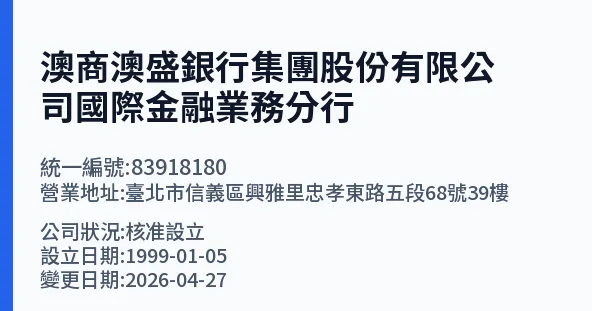 澳商澳盛銀行集團股份有限公司國際金融業務分行的照片-統編 83918180(臺北市) 公司登記資料與營業項目詳細圖表