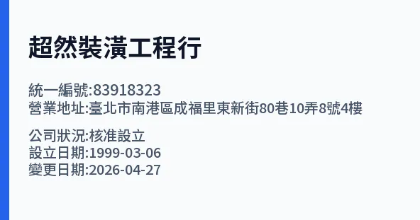 超然裝潢工程行的照片-統編 83918323(臺北市) 公司登記資料與營業項目詳細圖表