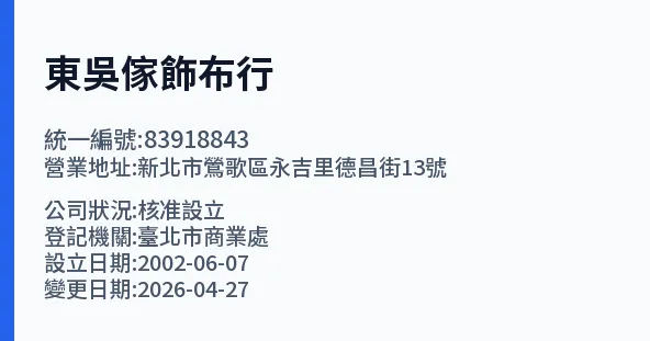 東吳傢飾布行的照片-統編 83918843(新北市) 公司登記資料與營業項目詳細圖表