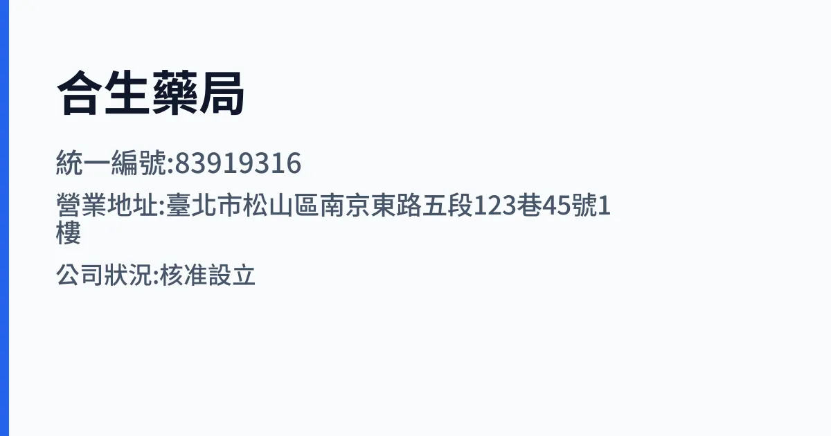 合生藥局 - 統編 83919316(臺北市) 公司登記資料與營業項目詳細圖表