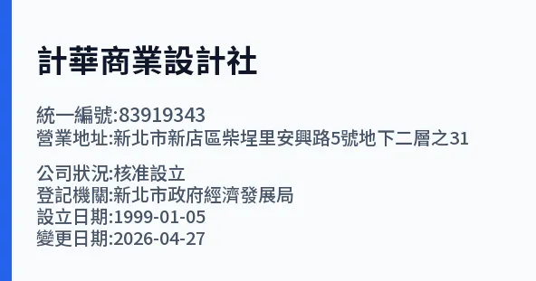 計華商業設計社的照片-統編 83919343(新北市) 公司登記資料與營業項目詳細圖表