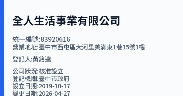 全人生活事業有限公司的照片-統編 83920616(臺中市) 公司登記資料與營業項目詳細圖表