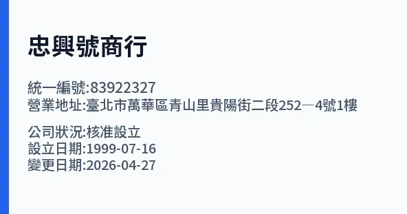 忠興號商行的照片-統編 83922327(臺北市) 公司登記資料與營業項目詳細圖表