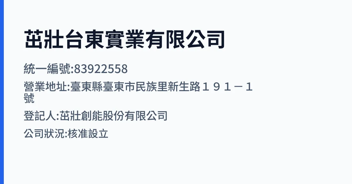茁壯台東實業有限公司 - 統編 83922558(臺東縣) 公司登記資料與營業項目詳細圖表