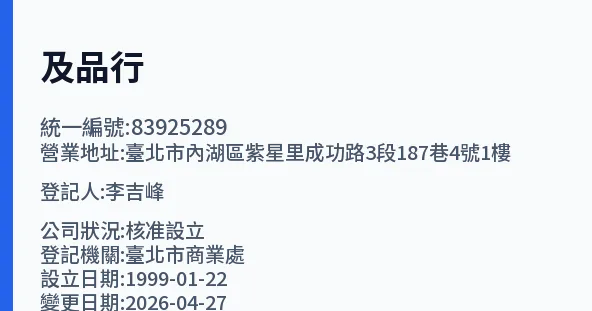 及品行的照片-統編 83925289(臺北市) 公司登記資料與營業項目詳細圖表