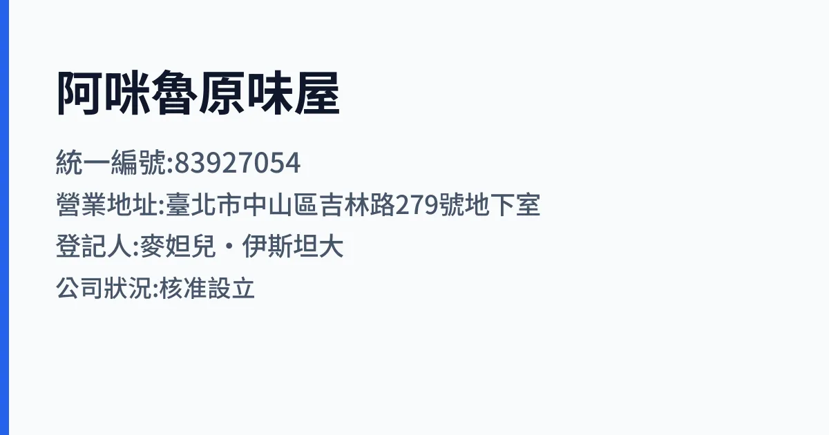 阿咪魯原味屋 - 統編 83927054(臺北市) 公司登記資料與營業項目詳細圖表