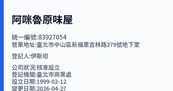 阿咪魯原味屋的照片-統編 83927054(臺北市) 公司登記資料與營業項目詳細圖表