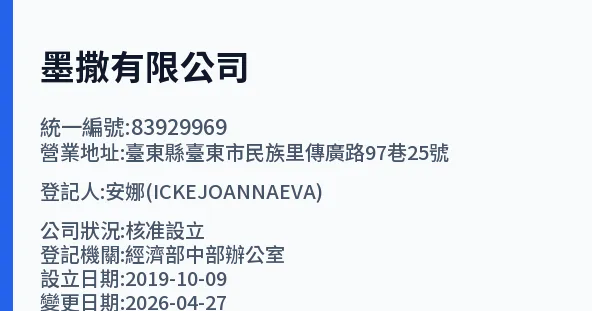 墨撒有限公司的照片-統編 83929969(臺東縣) 公司登記資料與營業項目詳細圖表