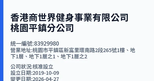 香港商世界健身事業有限公司桃園平鎮分公司的照片-統編 83929980(桃園市) 公司登記資料與營業項目詳細圖表