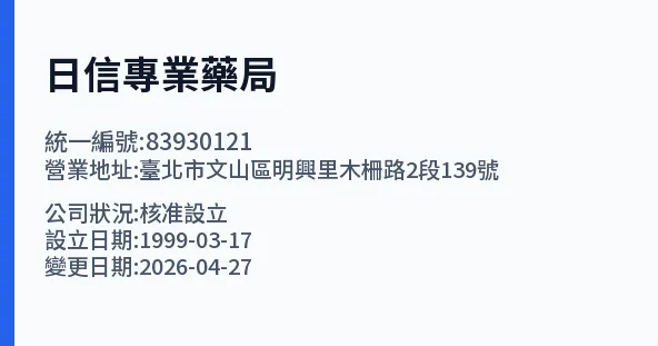 日信專業藥局的照片-統編 83930121(臺北市) 公司登記資料與營業項目詳細圖表
