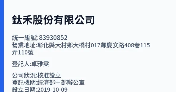 鈦禾股份有限公司的照片-統編 83930852(彰化縣) 公司登記資料與營業項目詳細圖表