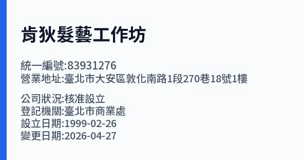 肯狄髮藝工作坊的照片-統編 83931276(臺北市) 公司登記資料與營業項目詳細圖表